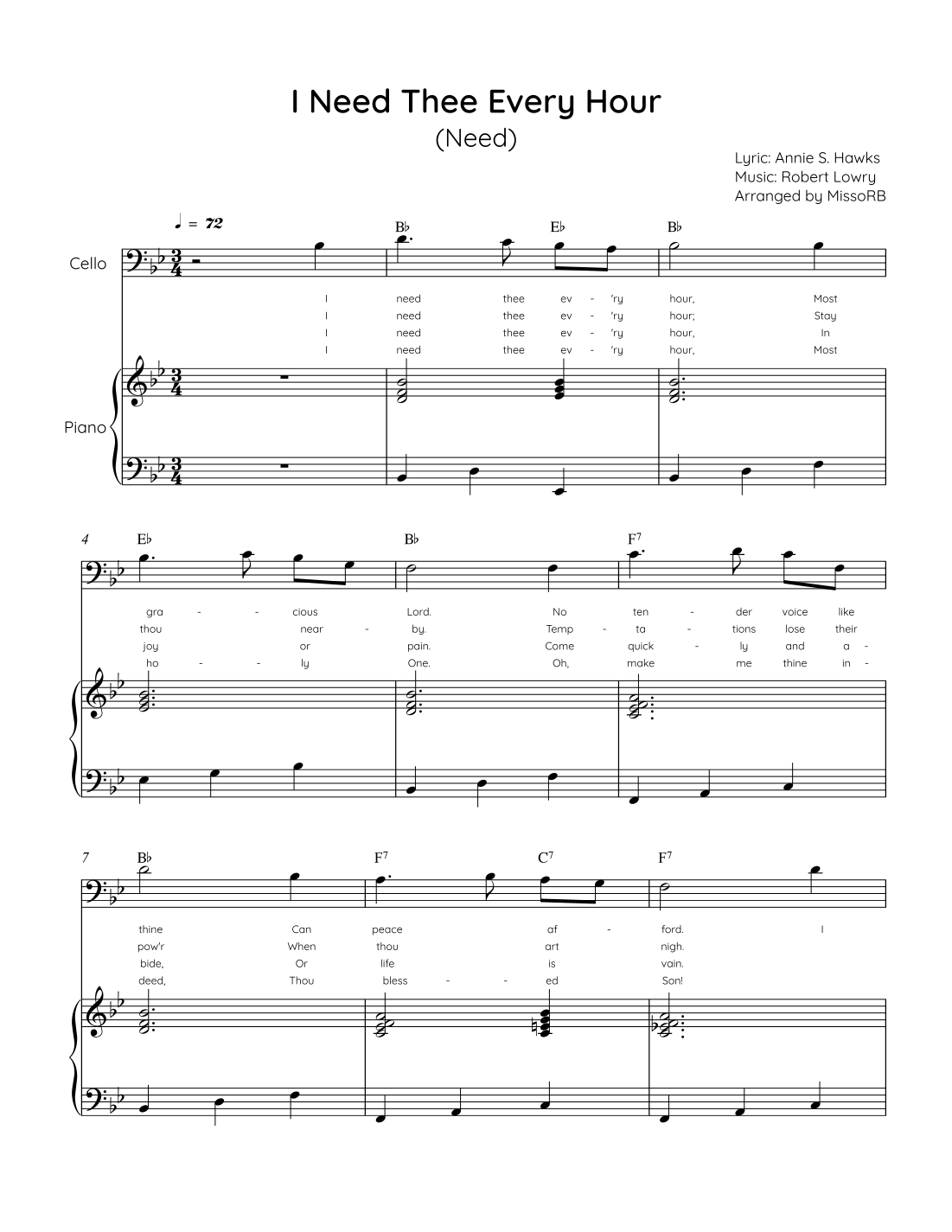 I Need Thee Every Hour (Need) - Voice & Piano in Bb - Easy With Chords ...