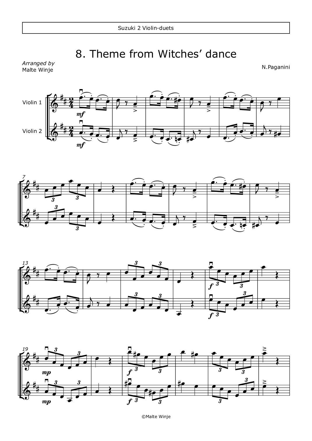 Witches Dance (arr. Malte Winje) by N. Paganini Sheet Music for Violin ...