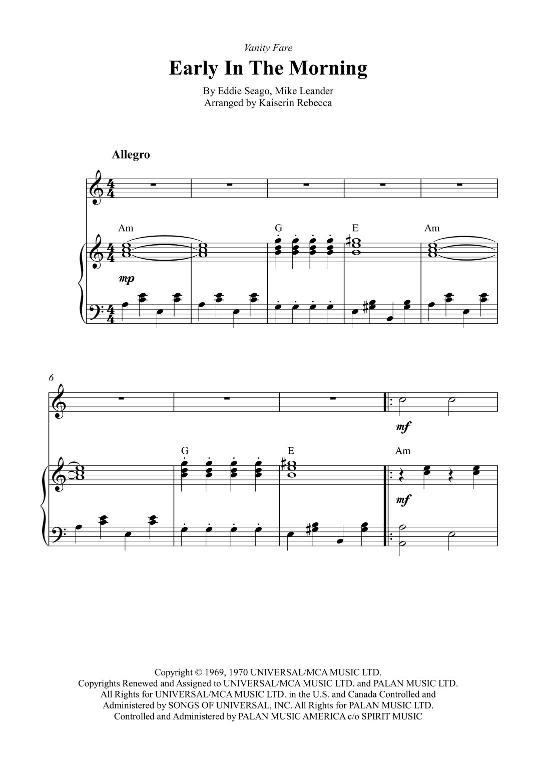 Early In The Morning by Vanity Fare Sheet Music for Flute and Piano at ...