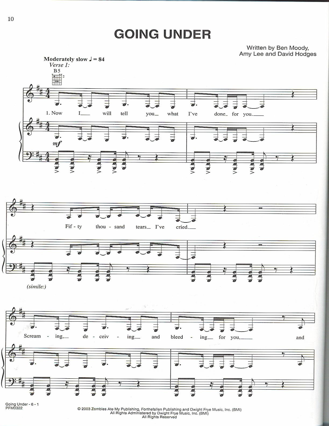 Going Under (arr. Unknow par Evanescence Partitions pour Piano Facile ...