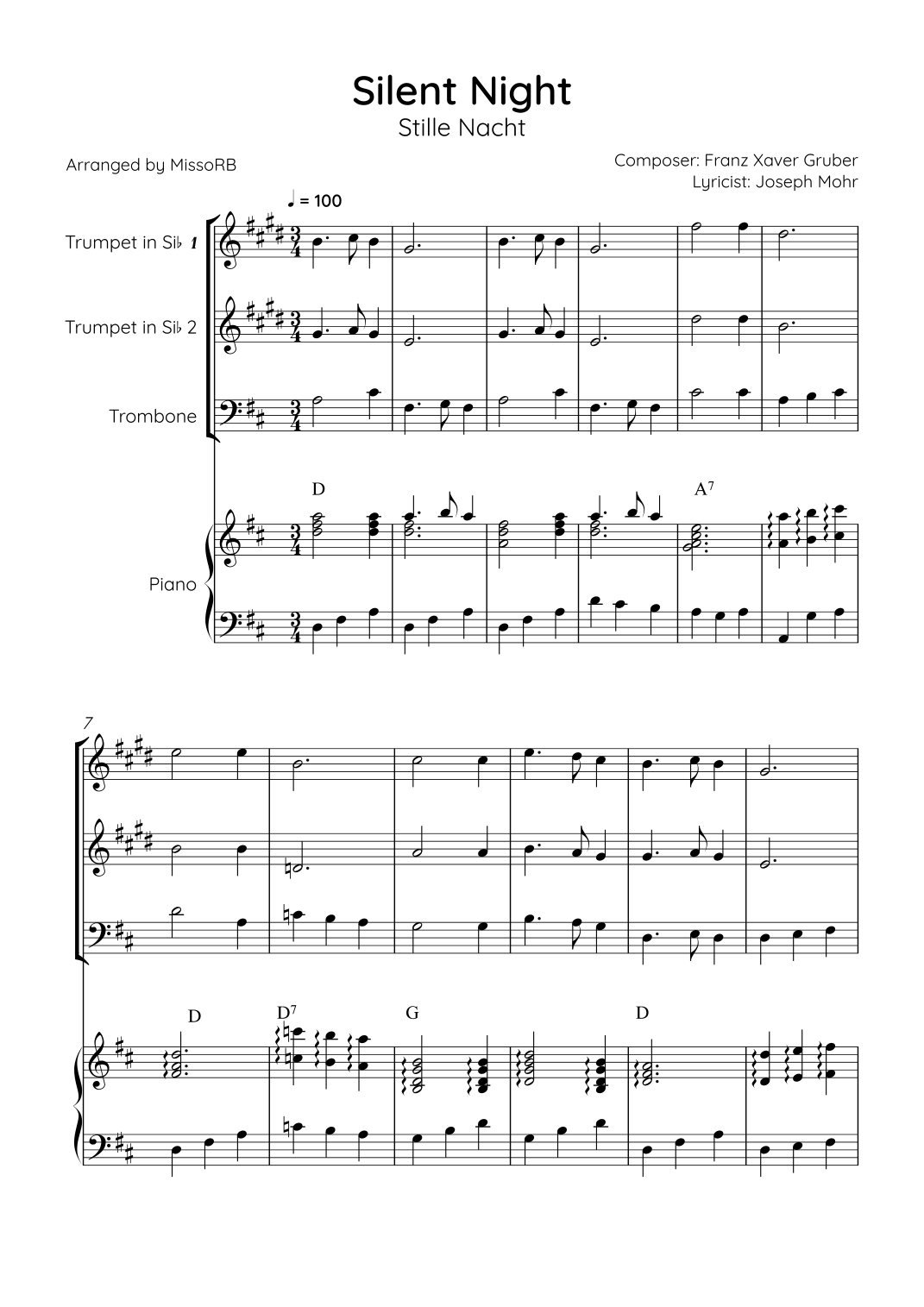 Silent Night" (Stille Nacht) - Duet Trumpet & Trombone & Piano in D ...