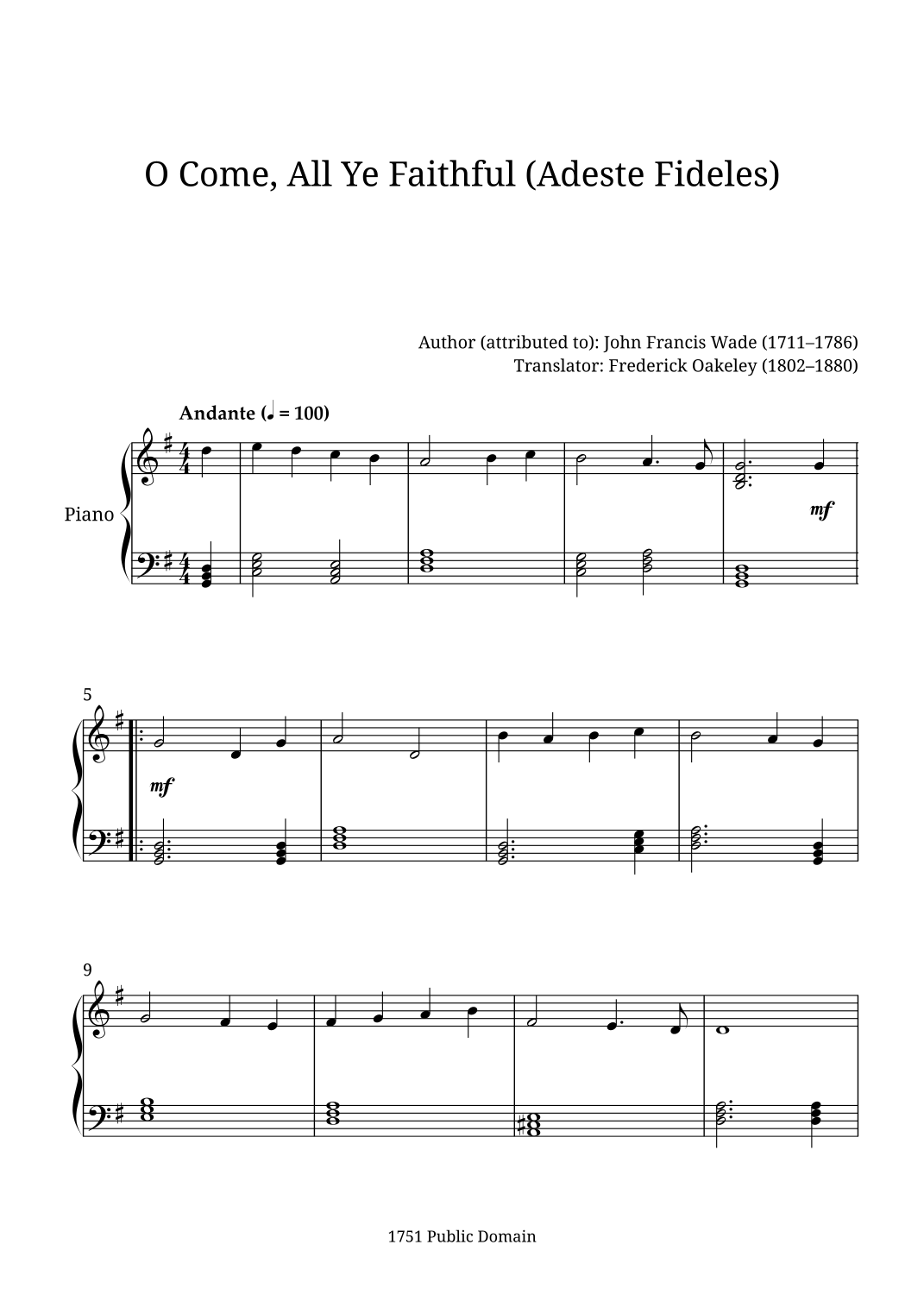 O Come, All Ye Faithful (Adeste Fideles) – Piano (G major) (arr. D. M ...