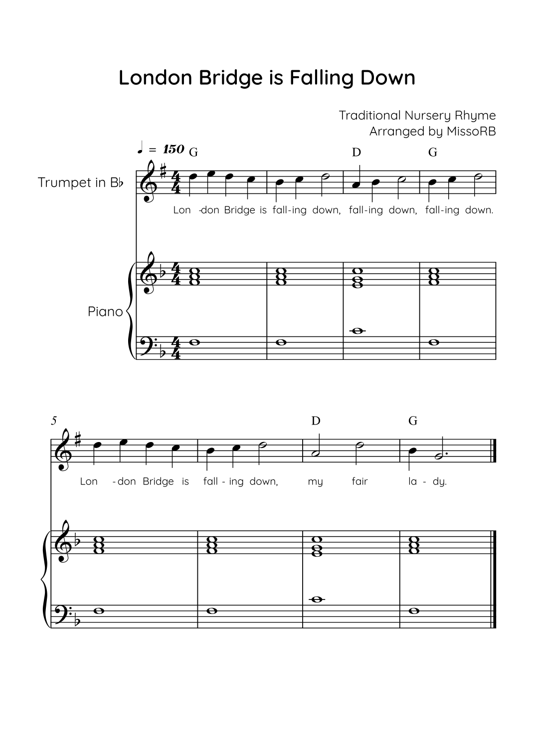 London Bridge is Falling Down - Trumpet & Piano in F With Chords ...