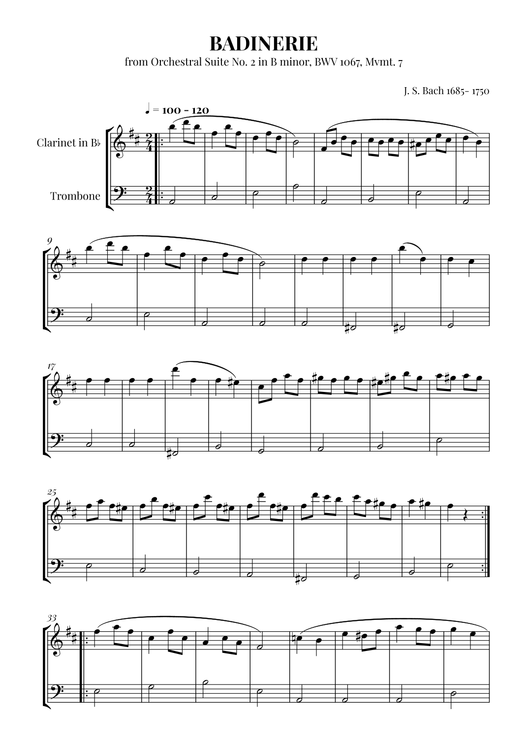 Badinerie (BWV 1067) – Easy Clarinet and Trombone (arr. Leonardo Mioto ...