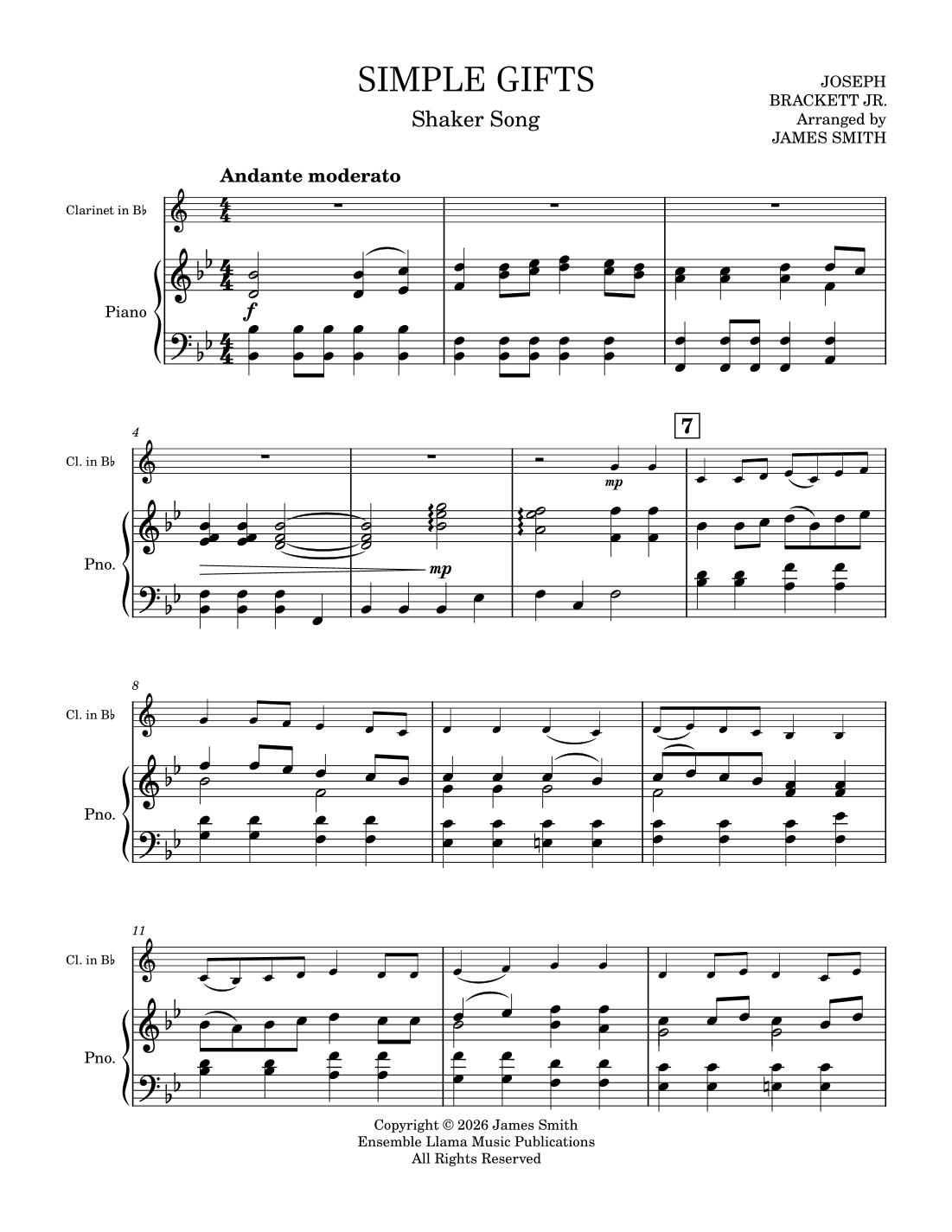Simple Gifts - Arranged for Clarinet Solo & Piano Accompaniment (arr ...