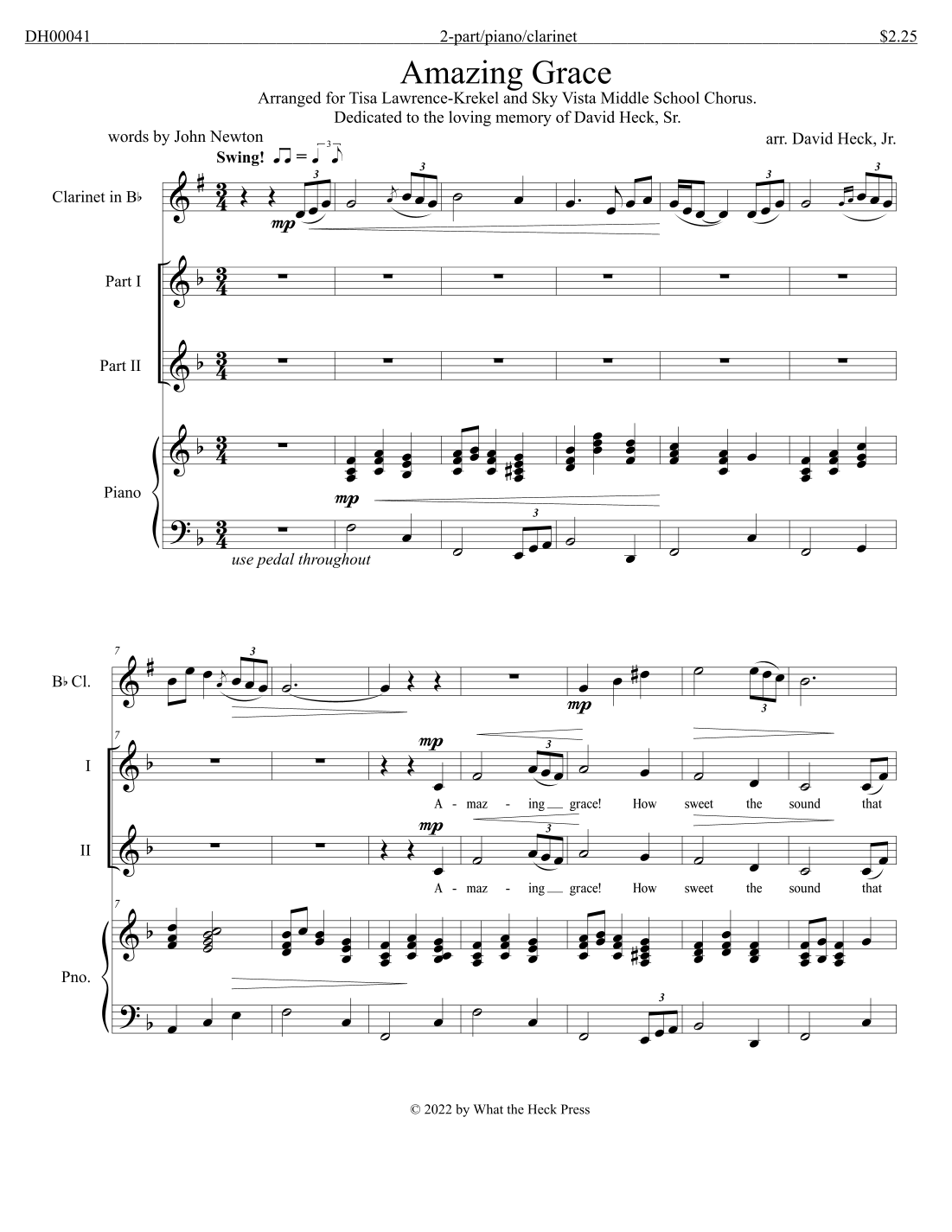 Amazing Grace (arr. David Heck, Jr.) by Traditional Sheet Music for 2 ...