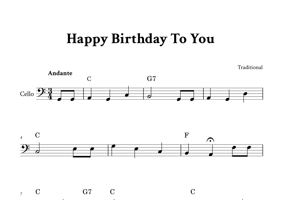 Happy Birthday To You - Cello in C (with Chords) (arr. Yuri Noronha) by ...