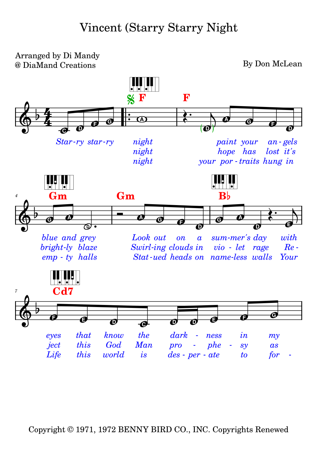 Vincent (Starry Starry Night) (arr. Dianne Mandy) by Don McLean Sheet ...