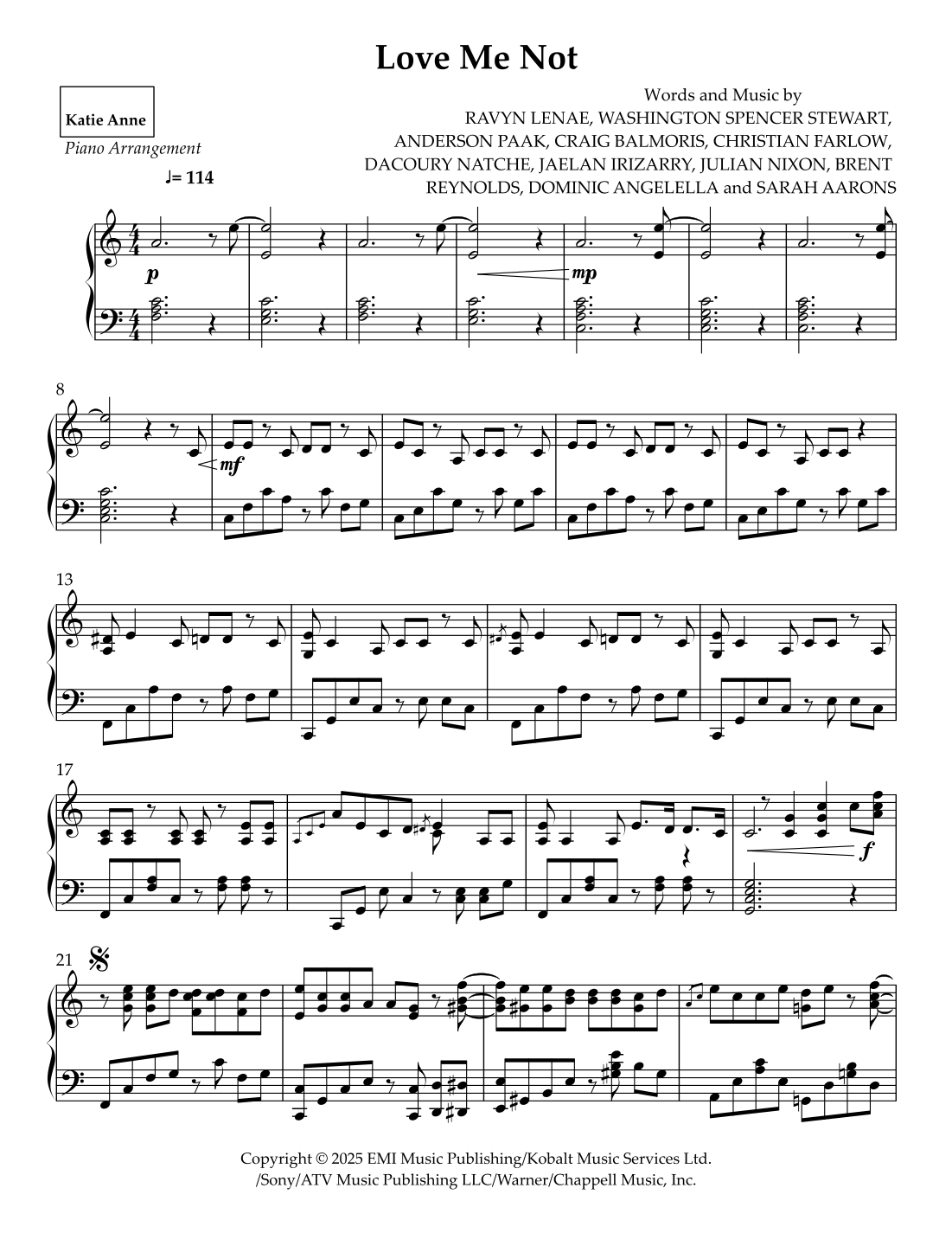 Love Me Not (arr. Katie Anne) von Ravyn Lenae Noten zum Klavier solo ...