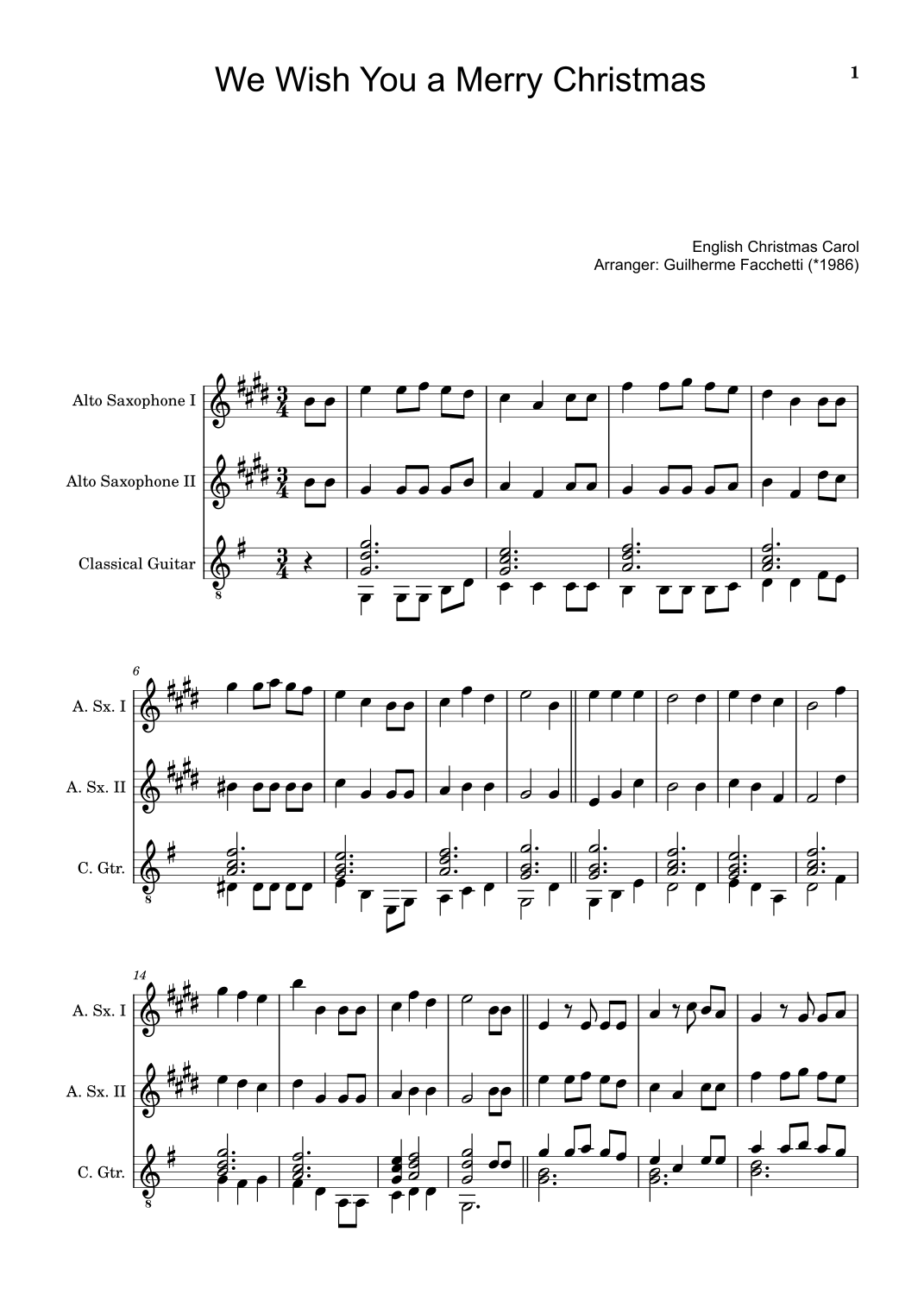 We Wish You a Merry Christmas - For A. Sax. Duet and Guitar. With Parts ...