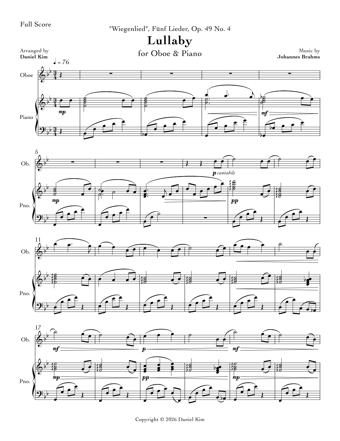 Brahms's Lullaby (Oboe & Piano) (arr. Daniel Kim) by Johannes Brahms ...