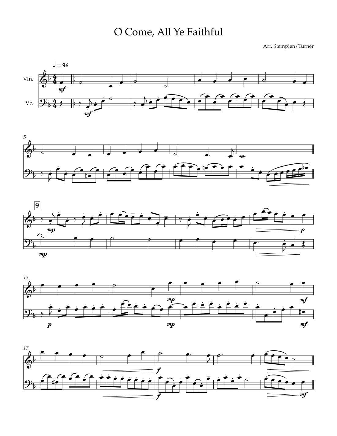 O Come, All Ye Faithful Duet for Violin & Cello (arr. Debra E. Stempien ...