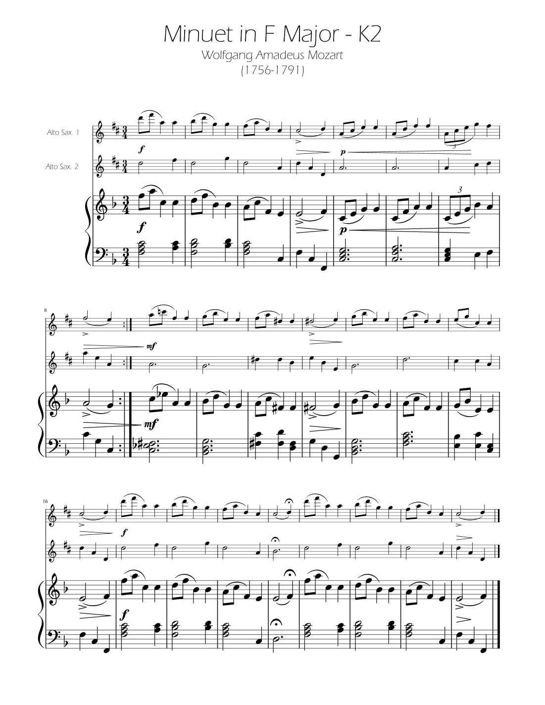 Mozart - Minuet in F Major K2 - Alto Sax Duet (arr. Ygor Nunes) par ...