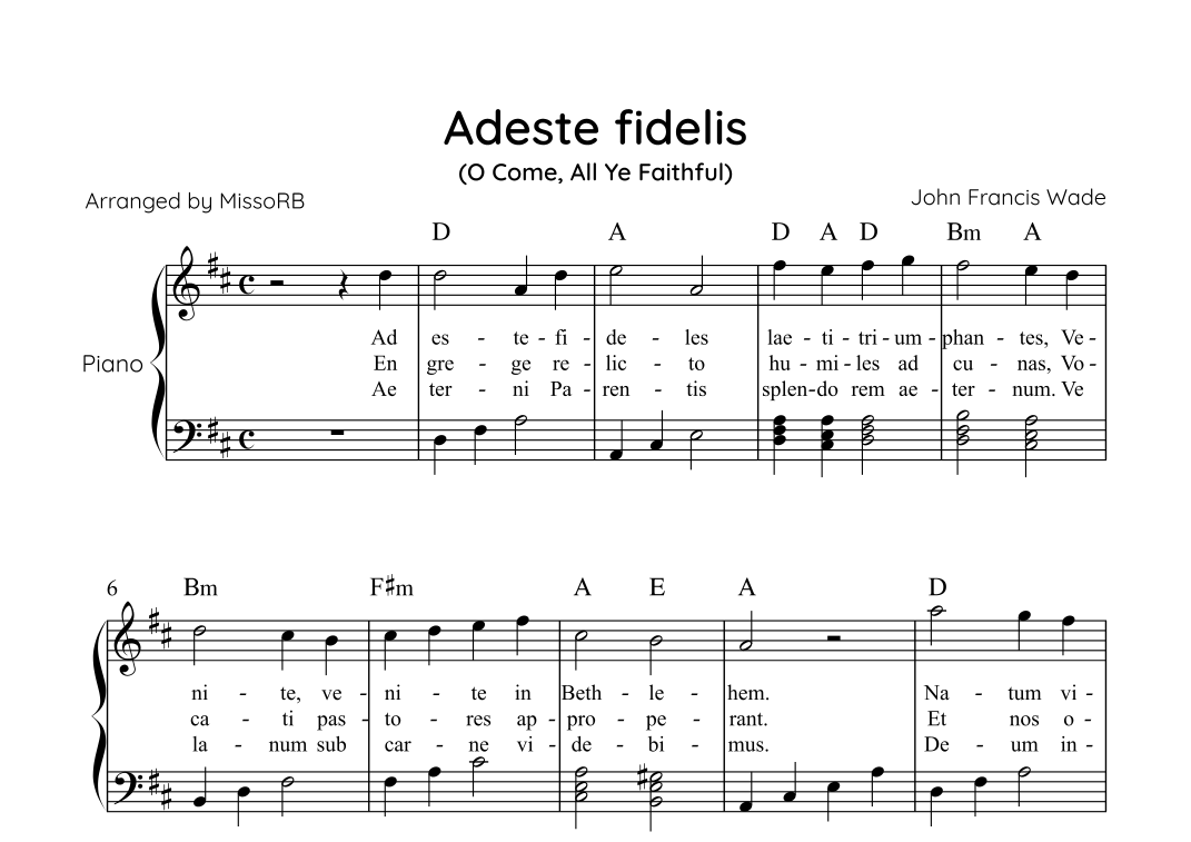 Adeste Fidelis (O Come, All Ye Faithful) - Piano in D Major (Easy With Chords & Lyrics) (arr ...