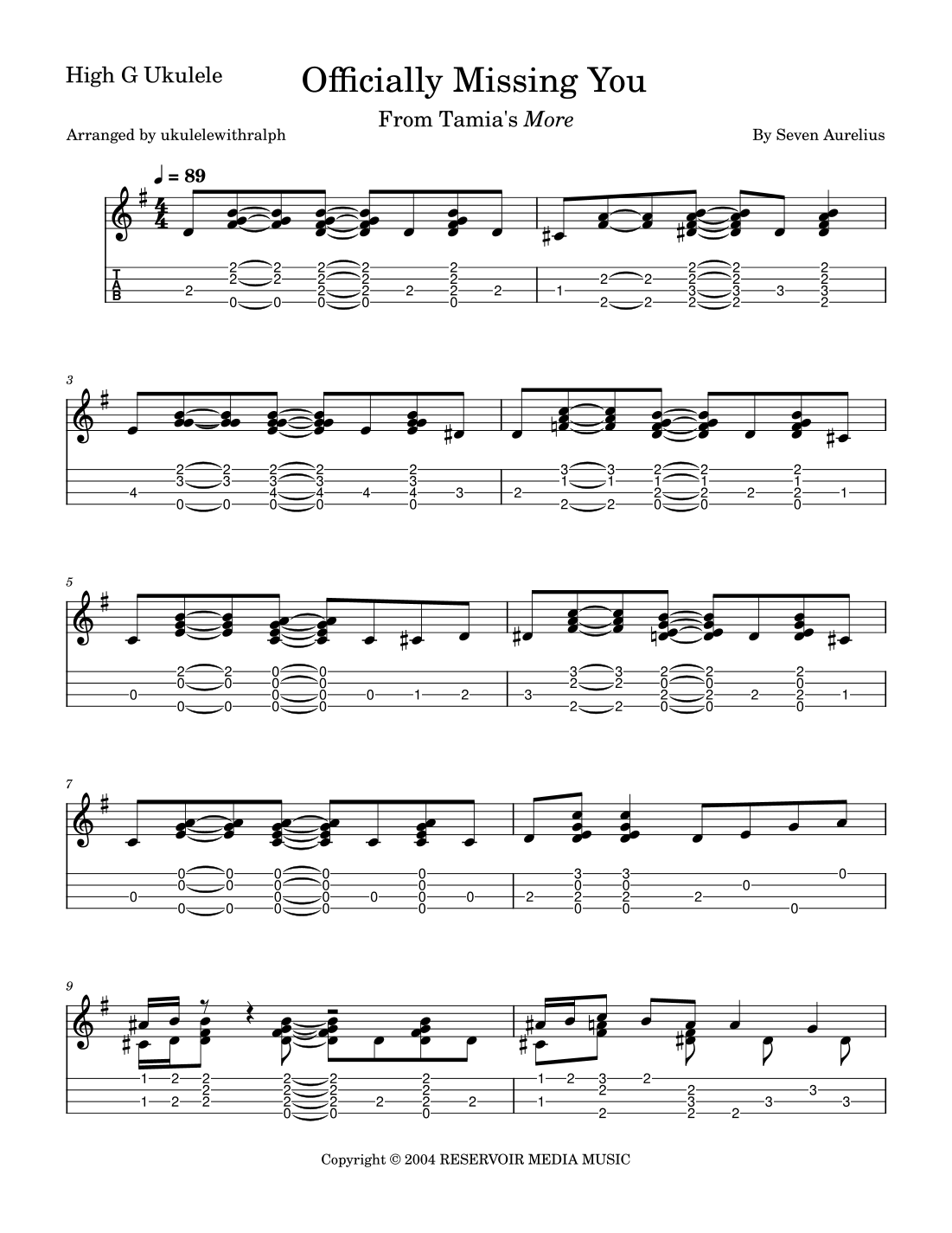 Officially Missing You (arr. ukulelewithralph) by Seven Aurelius Sheet ...