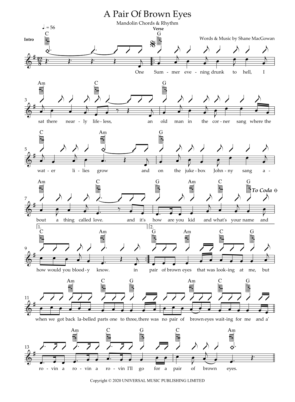 A Pair Of Brown Eyes (arr. Eden Armstrong) by The Pogues Sheet Music ...