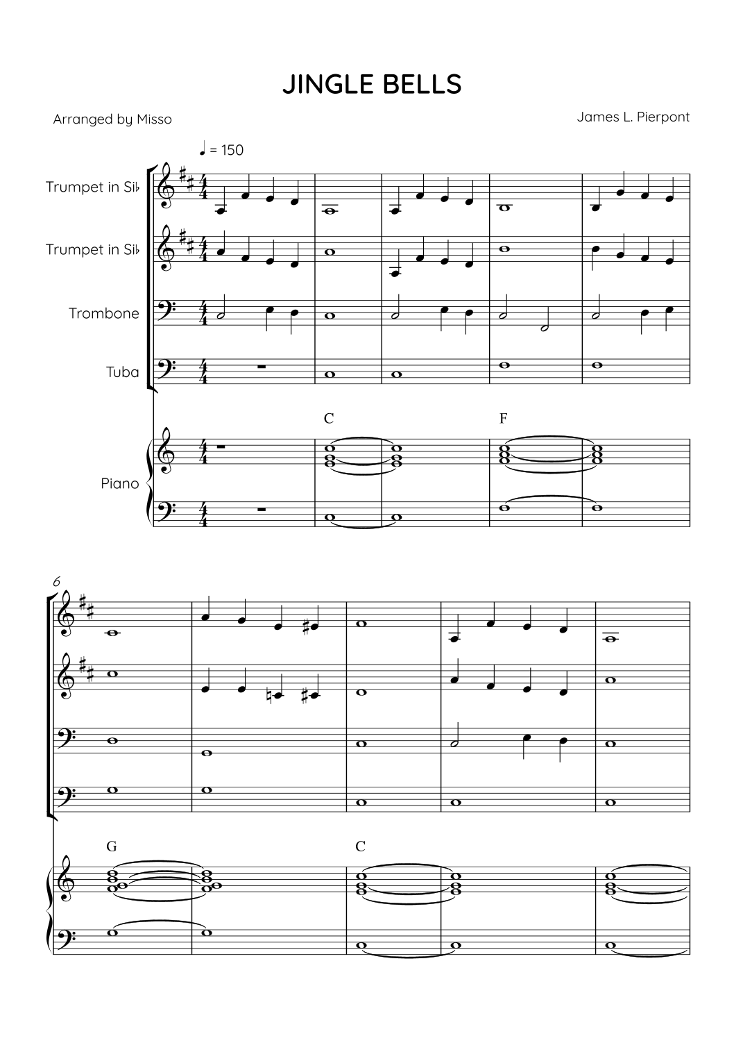 Jingle Bells - Brass Quartet & Piano in C Major - Beginner (arr ...