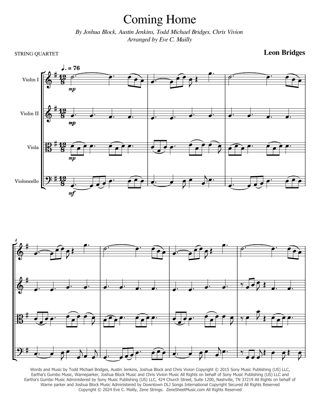Coming Home (arr. Eve C. Mailly - Zene Strings) by Leon Bridges Sheet ...