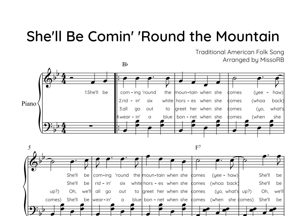 She'll Be Comin''Round the Mountain - Piano in Bb With Chords & Lyric ...