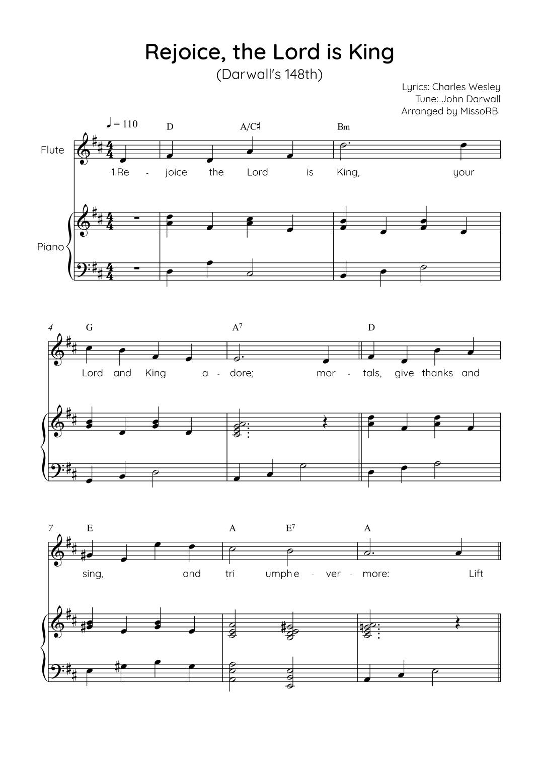 REJOICE, THE LORD IS KING (DARWALL'S 148TH) - FLUTE WITH PIANO IN D ...