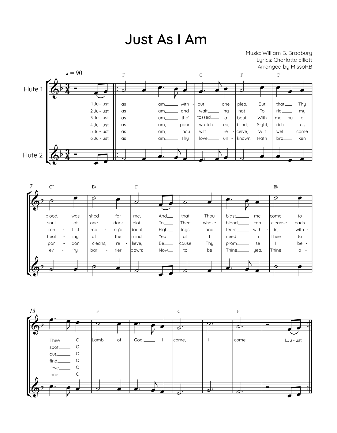 Just As I Am - Flute Duet in F With Chords & Lyric - Easy (arr. MissoRB ...