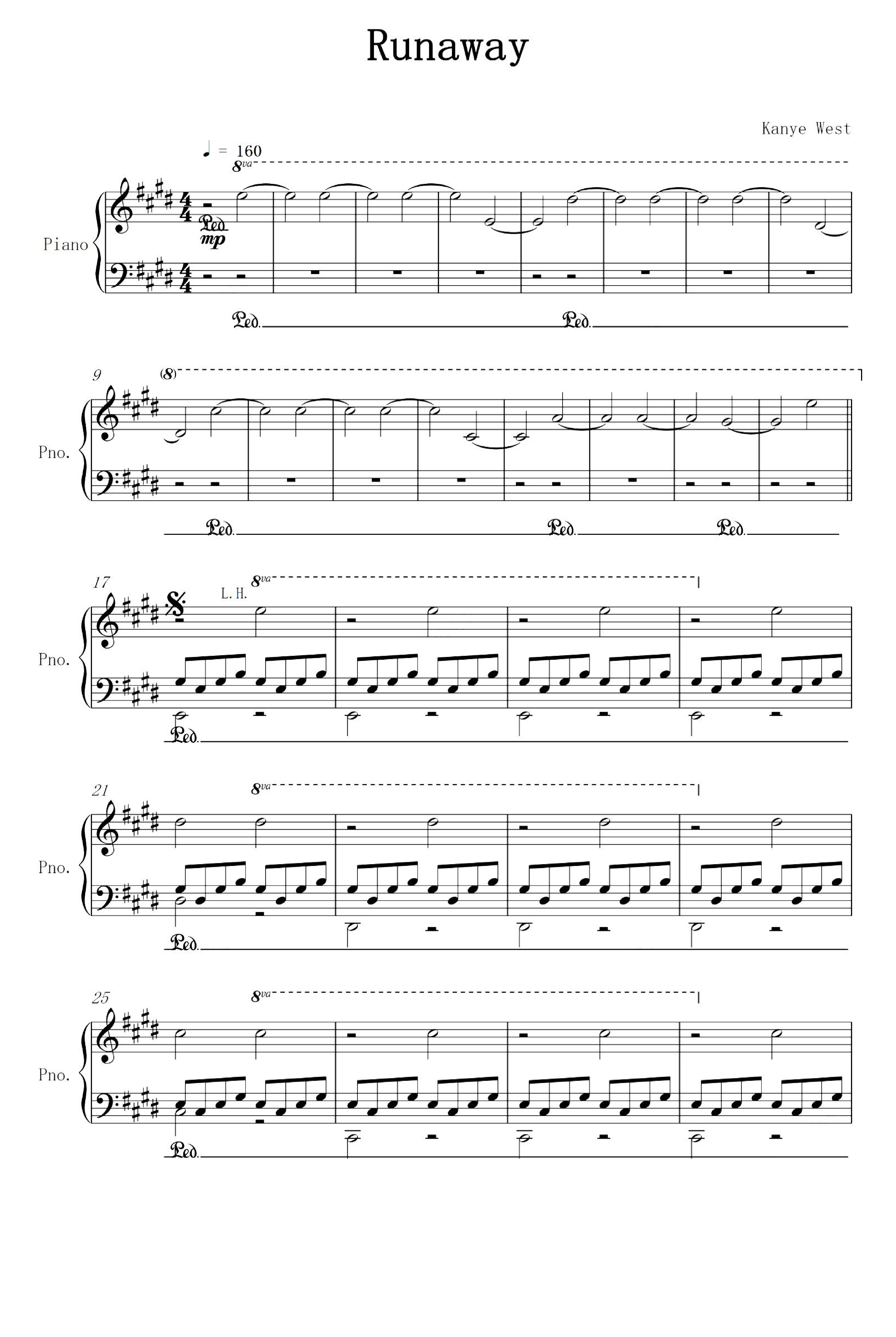 Runaway (arr. Kayne West) by Kanye West Sheet Music for Piano Solo at ...