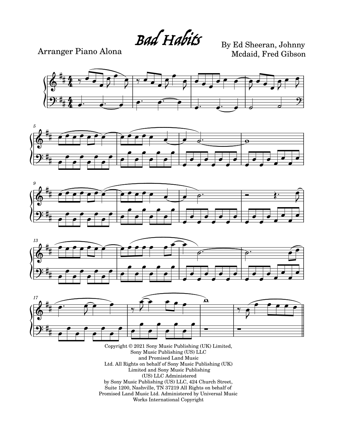 Bad Habits (arr. Piano Alona) by Ed Sheeran Sheet Music for Easy Piano ...