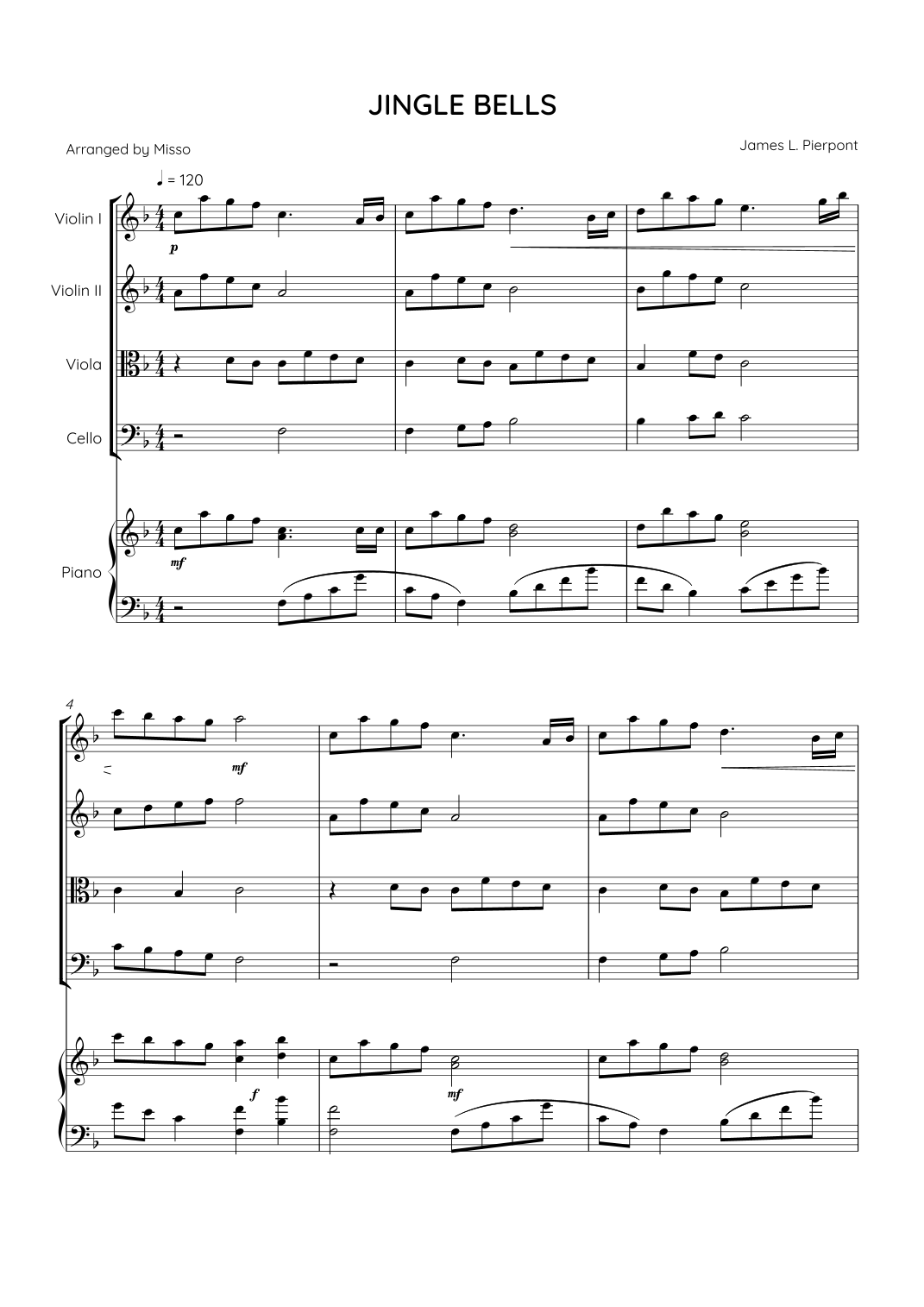 Jingle Bells - Strings Quartet & Piano in F Major - Intermediate With Chords (arr. MissoRB) by ...