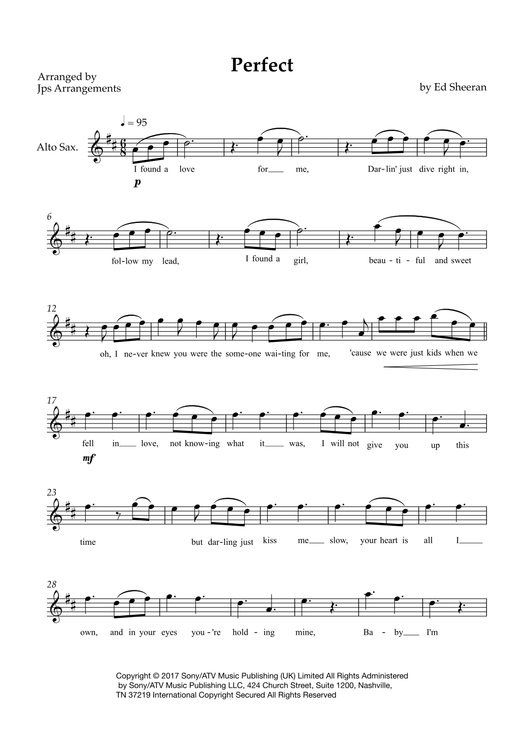 Perfect (arr. Jps Arrangements) by Ed Sheeran Sheet Music for Alto Sax ...