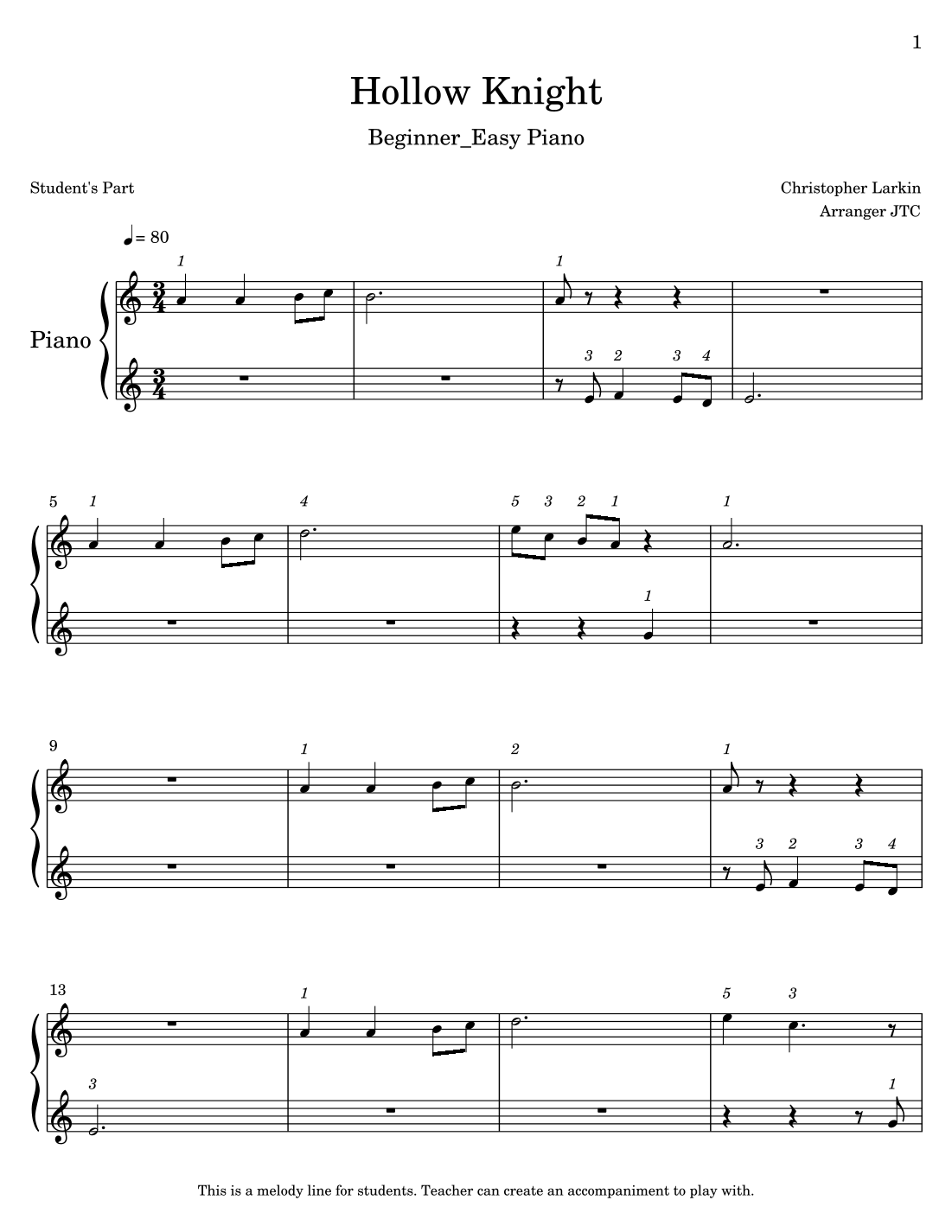 HOLLOW KNIGHT (arr. JTC) Sheet Music | Christopher Larkin | Easy Piano
