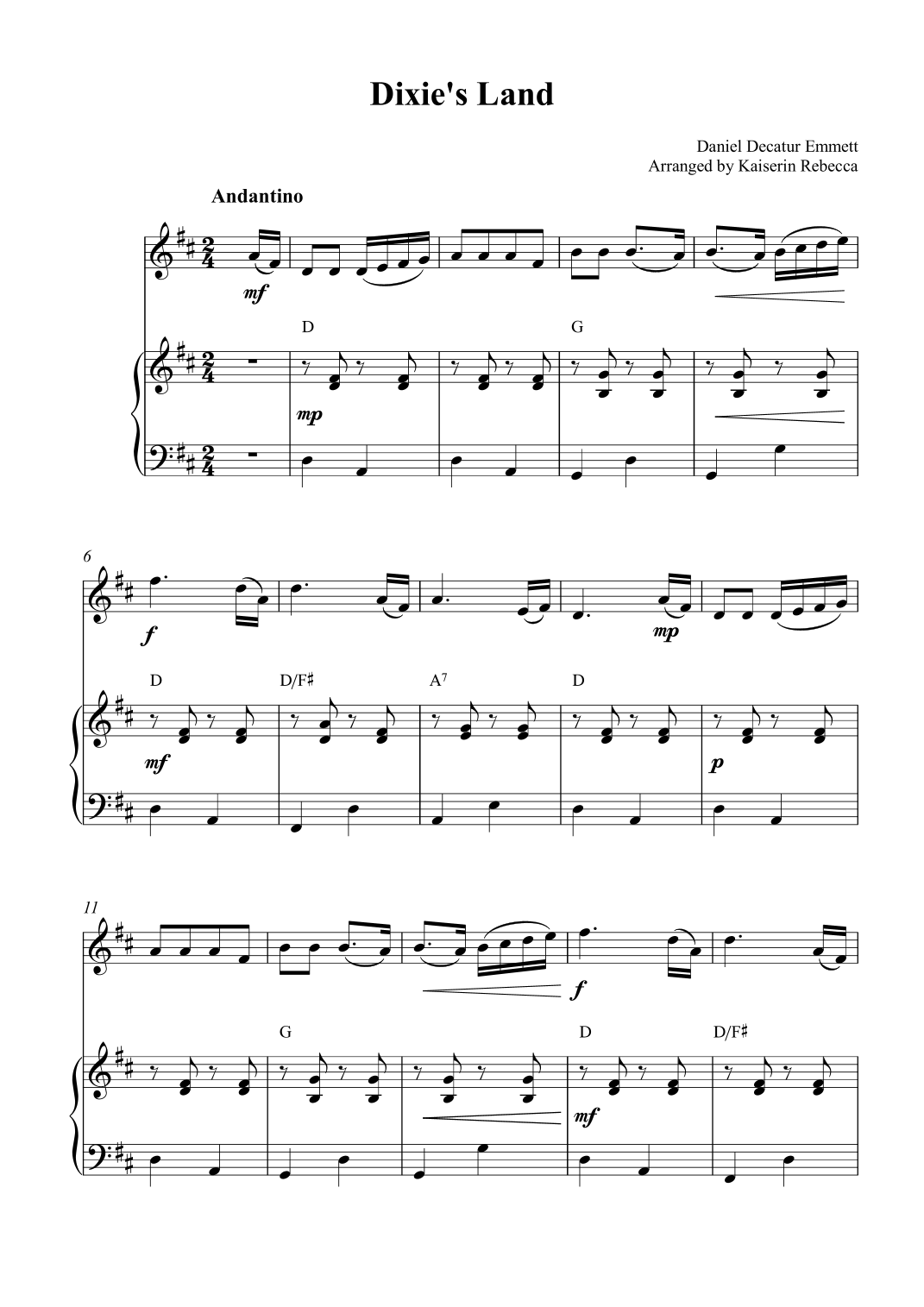 Dixie's Land (arr. Kaiserin Rebecca) by Daniel Decatur Emmett Sheet ...