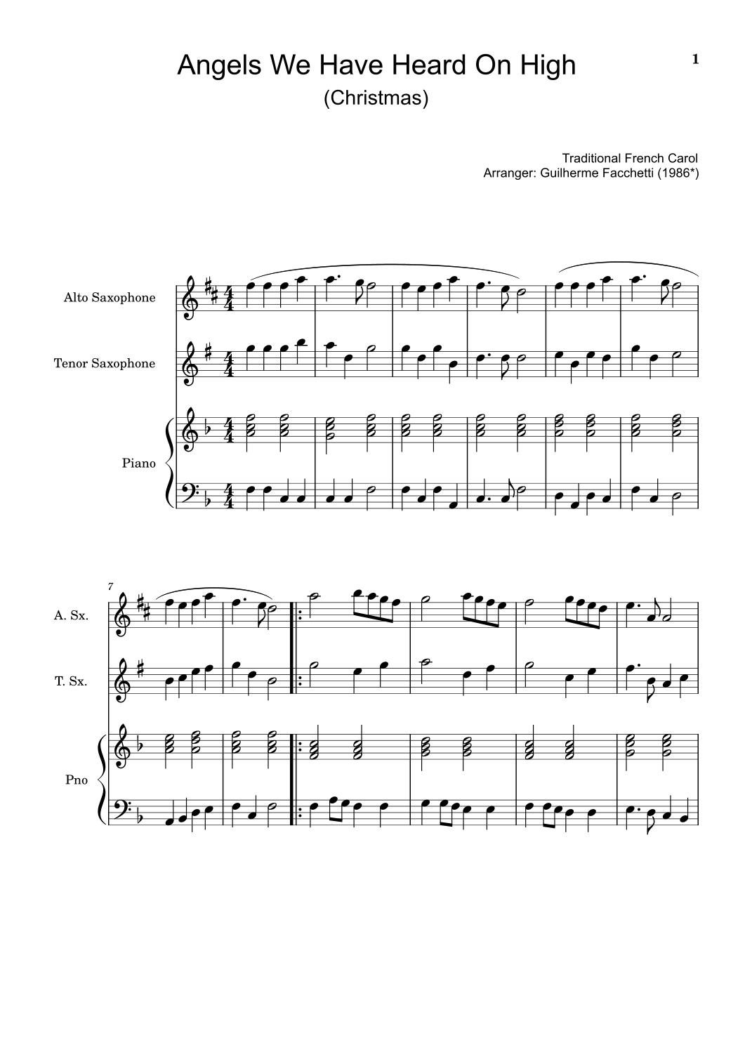 Angels We Have Heard On High - A. Sax., T. Sax. and Piano. With Parts ...