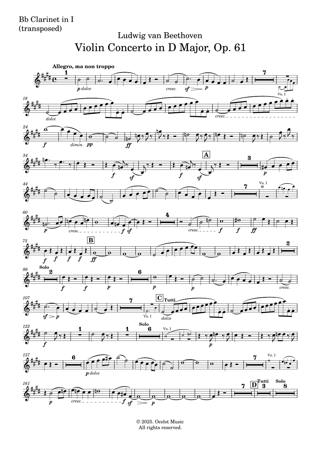 Beethoven: Violin Concerto in D - Clarinet I Part (transposed for Bb Cl ...