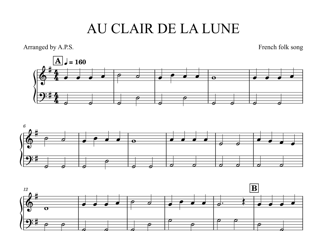 Au clair de la lune (arr. A.P.S.) by French Folk Song Sheet Music for ...