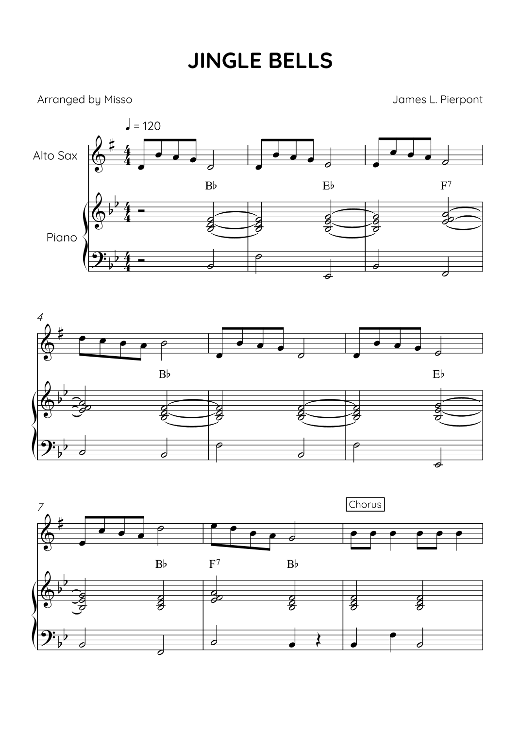 Jingle Bells - Alto Sax & Piano in Bb Major - Easy (arr. MissoRB) by James L. Pierpont Sheet ...