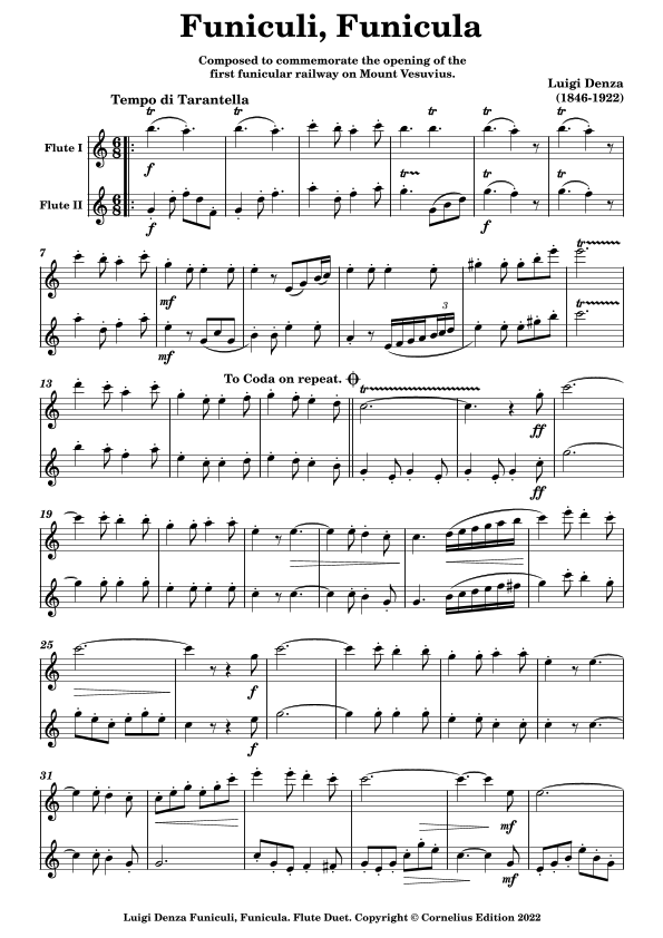 Luigi Denza. Peppino Turco. "Funiculi, Funicula" arranged or Two Flutes ...