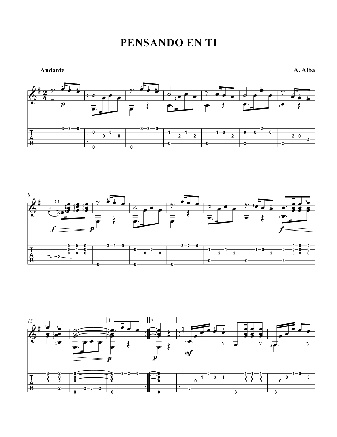Pensando en ti by A. Alba Sheet Music for Guitar Tab at Sheet Music Direct