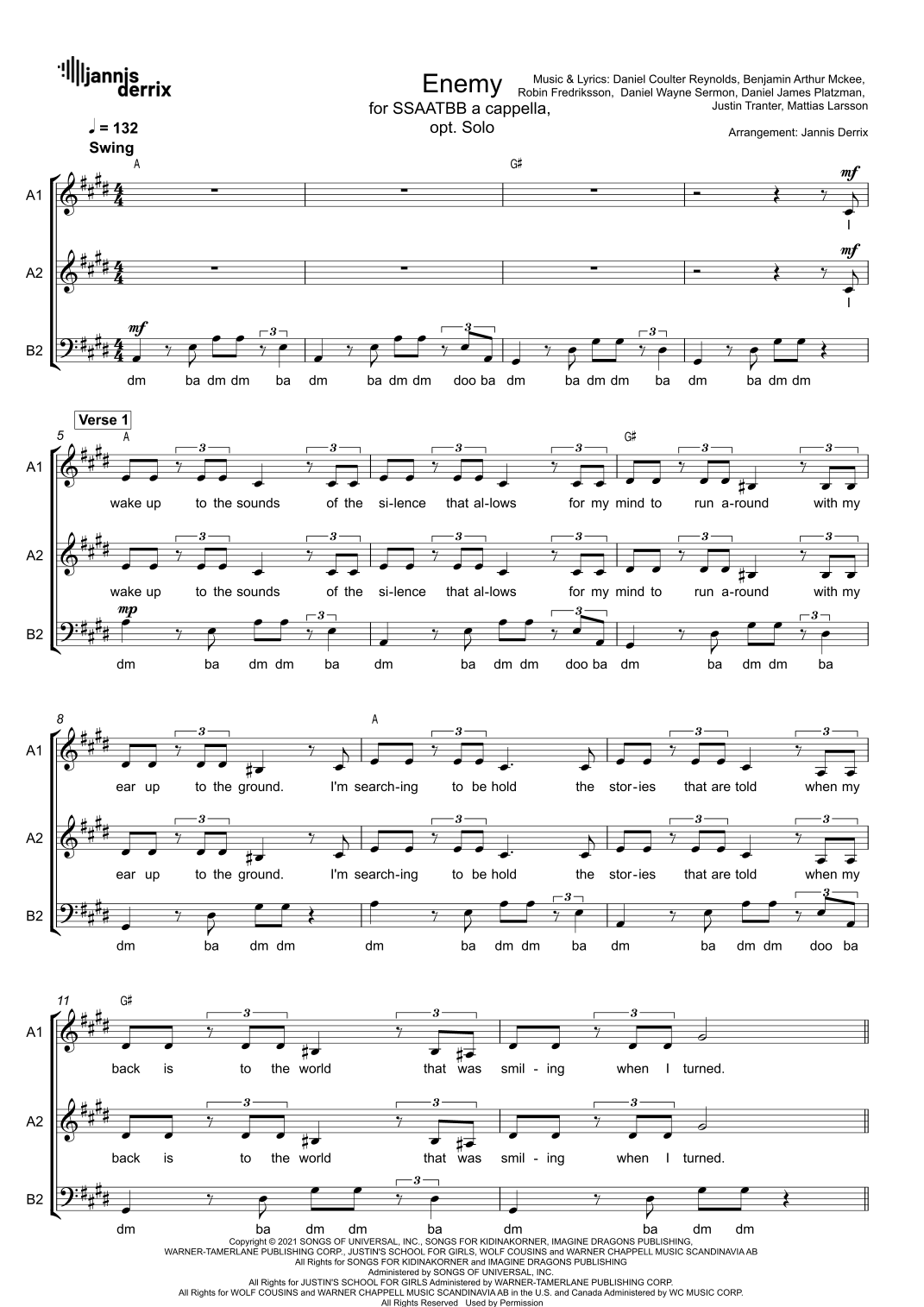 Enemy (arr. Jannis Derrix) by Imagine Dragons X Jid Sheet Music for SATB divisi Choir at Sheet ...