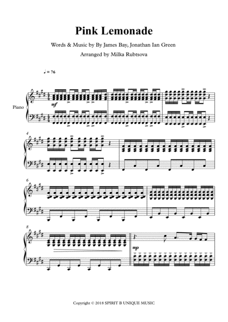 Pink Lemonade (arr. Milka Rubtsova) by James Bay Sheet Music for Piano ...
