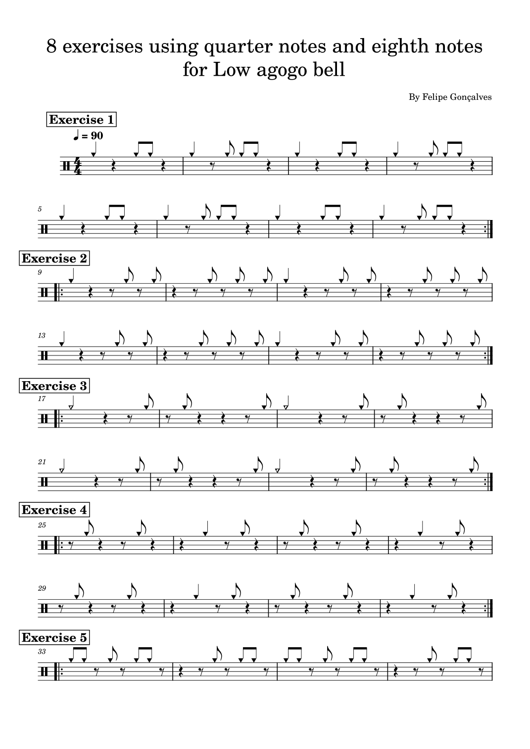 8 exercises using quarter notes and eighth notes for Low agogo bell by ...
