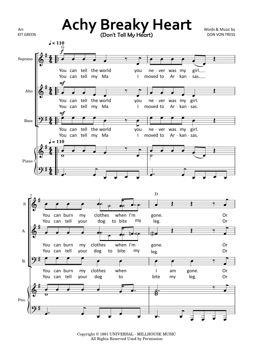 Achy Breaky Heart (Don't Tell My Heart) (arr. Kit Green) by Billy Ray ...