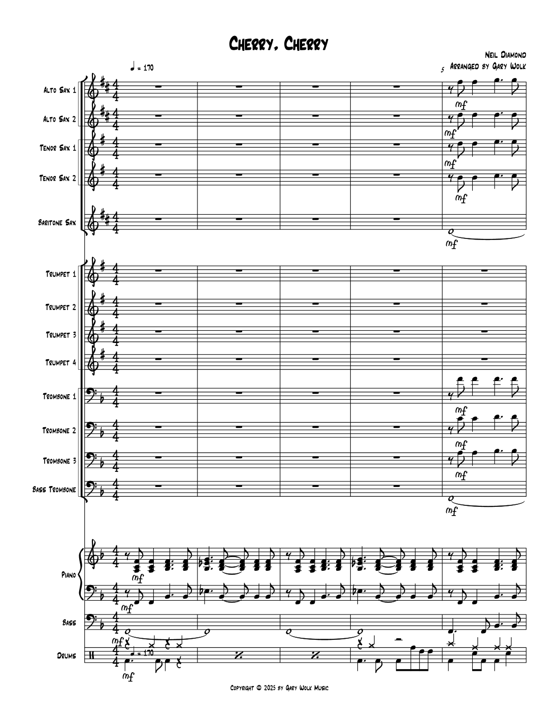 Cherry, Cherry (arr. Gary Wolk) by Neil Diamond Sheet Music for Jazz ...