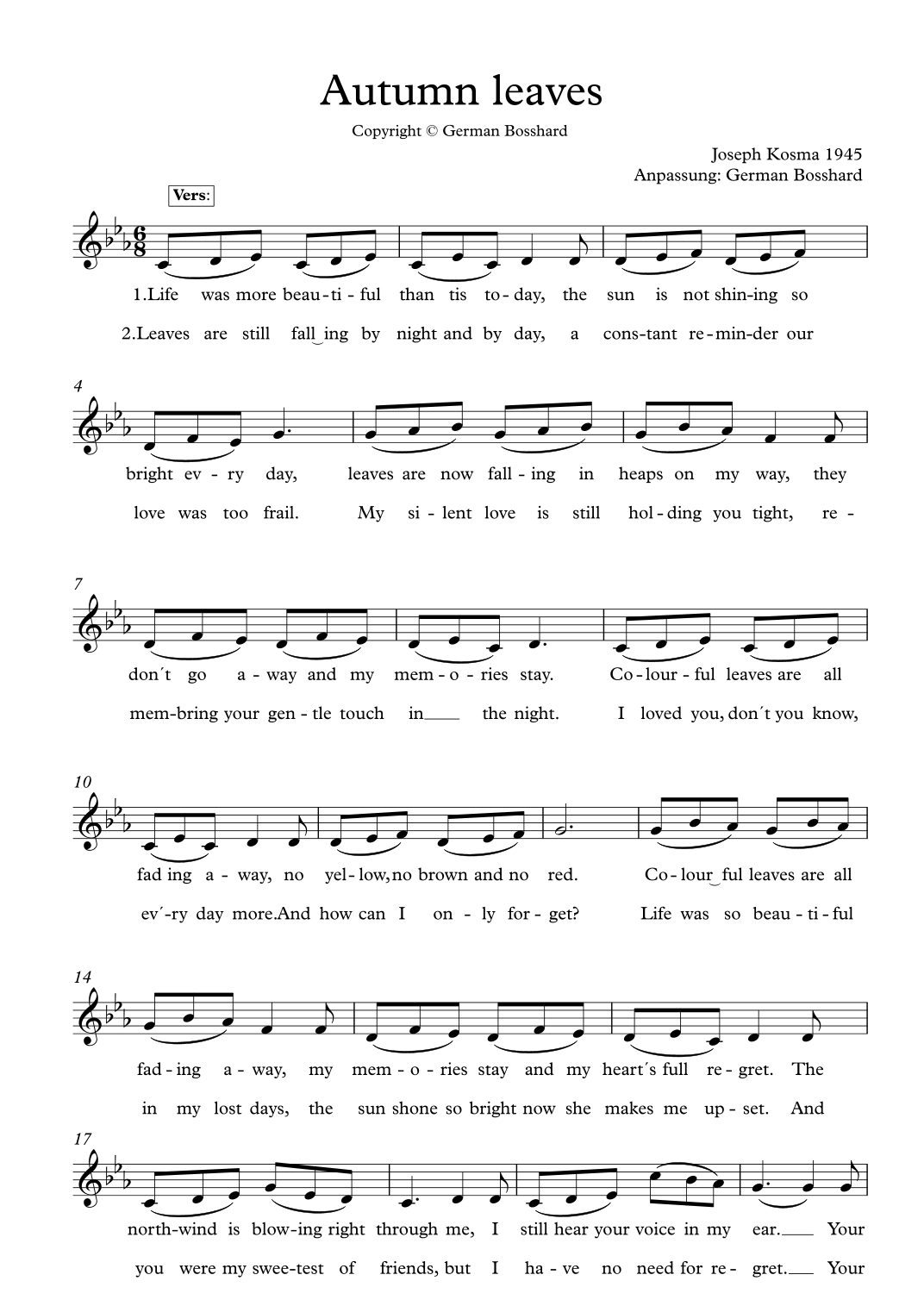Autumn leaves (arr. German Bosshard) par Kosma Joseph 1945 Partitions ...
