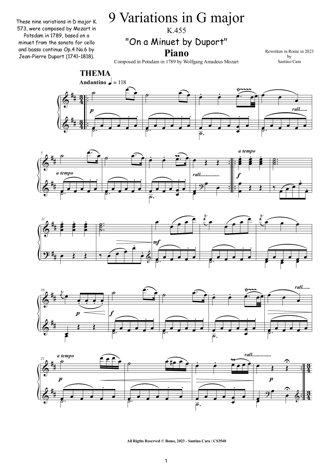 Mozart - 9 Variations in D major on a Minuet by Duport K.573 for Piano ...