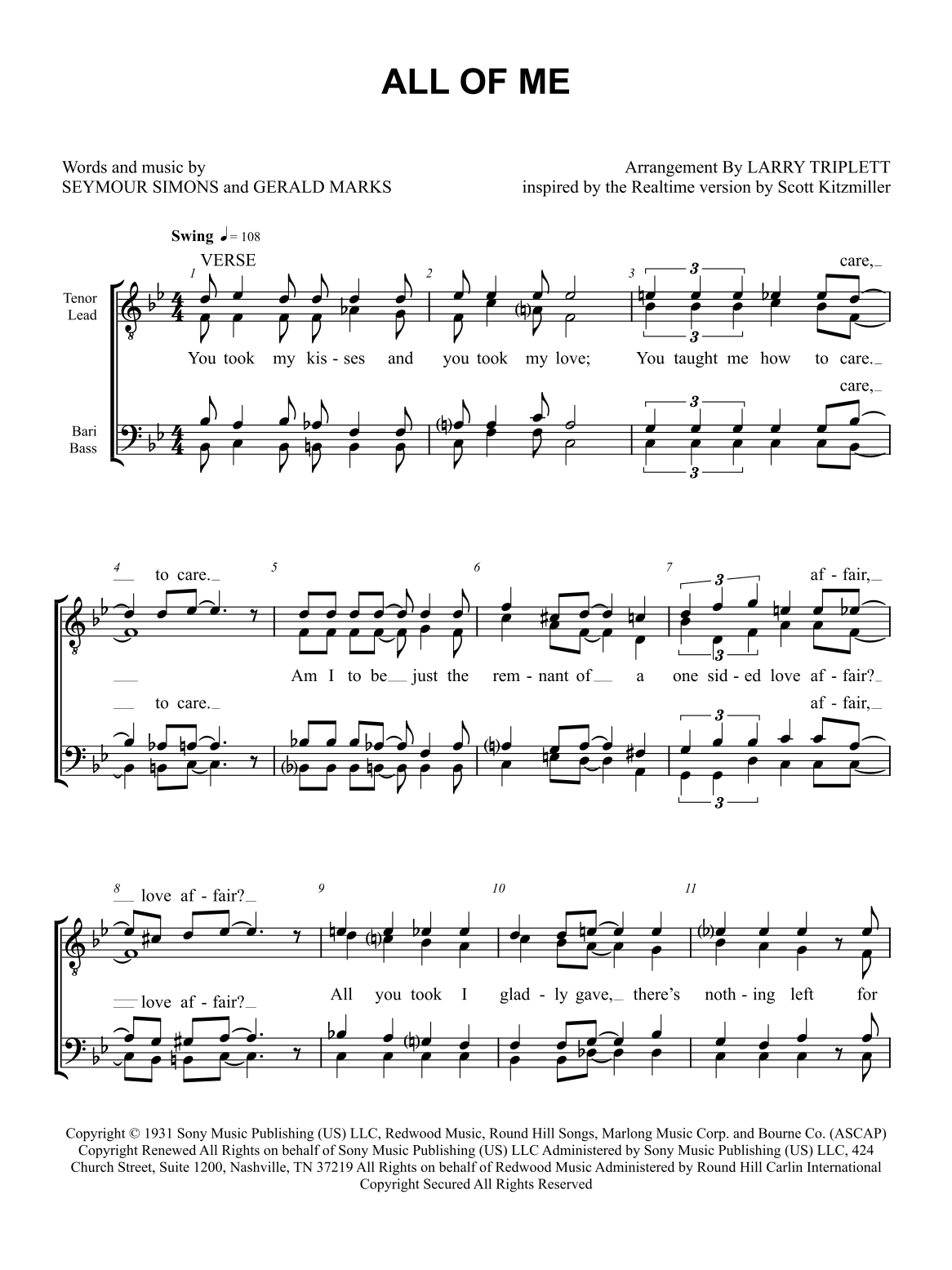 All Of Me (arr. Larry Triplett) by Billie Holiday Sheet Music for TTBB ...