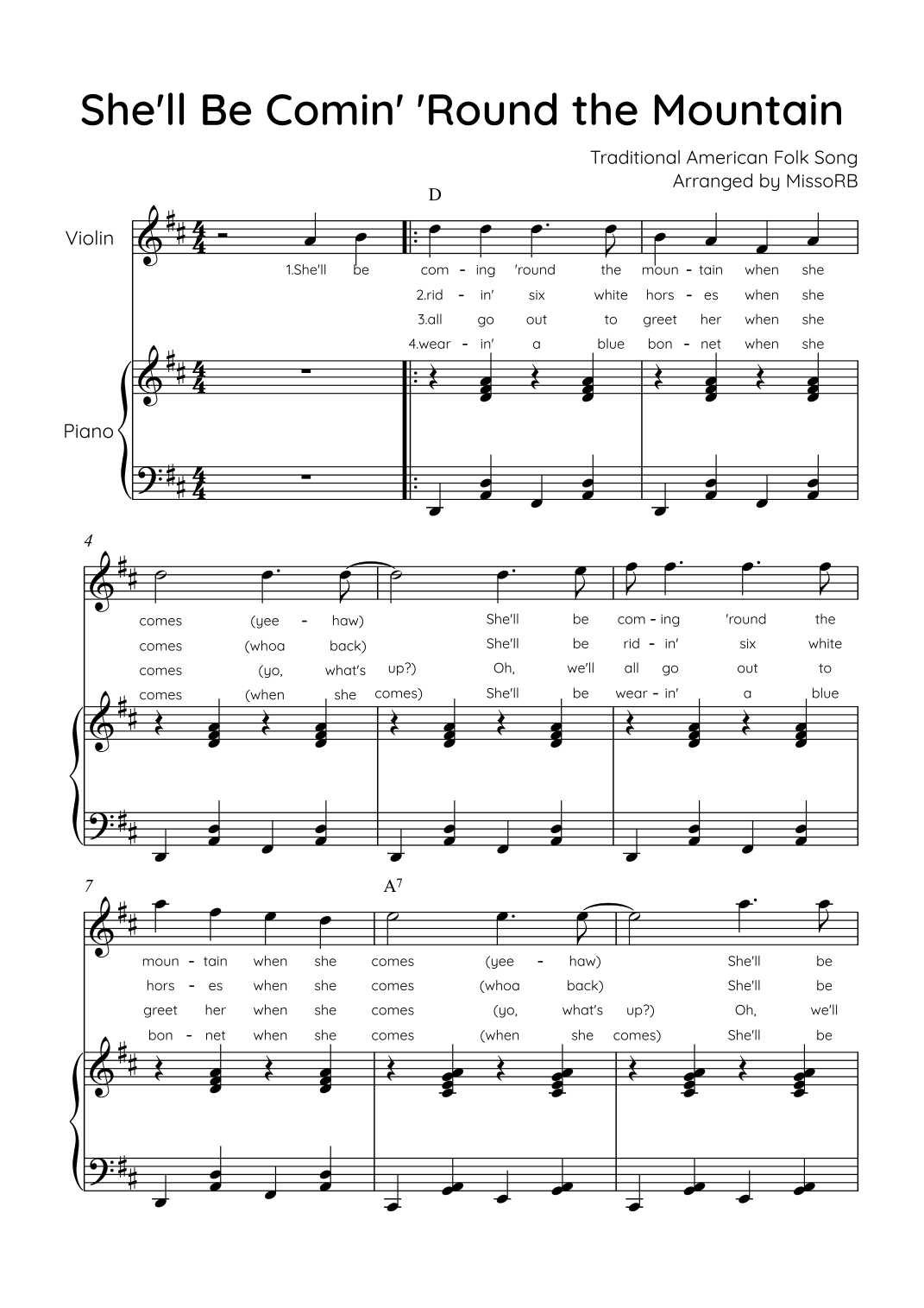 She'll Be Comin''Round the Mountain - Violin & Piano in D With Chords ...