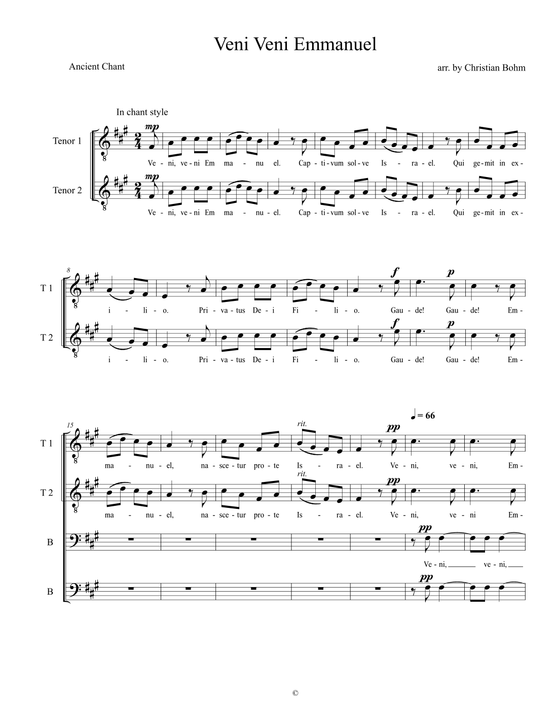 Veni Veni Emmanuel (arr. Christian Bohm) by Ancient Chant Sheet Music ...