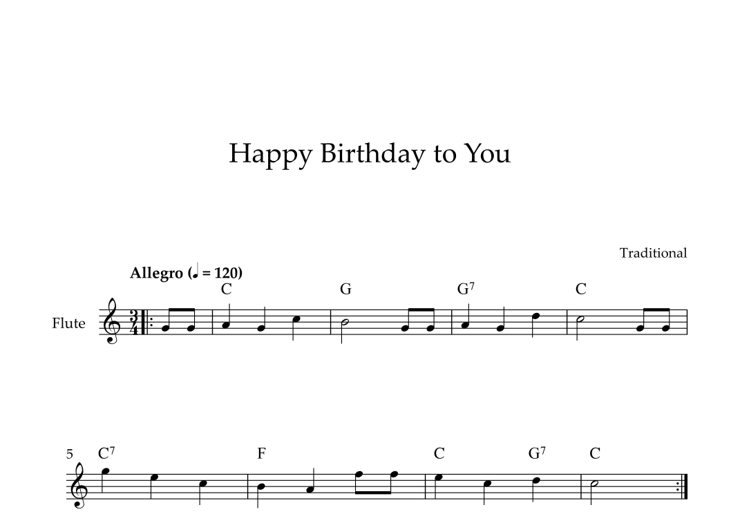 Happy Birthday to You – Flute (C major, with Chord Symbols) (arr. D. M ...
