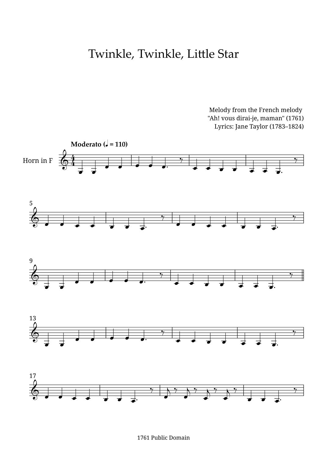 Twinkle, Twinkle, Little Star – F Horn (C major) (arr. D. M. Scores) by ...