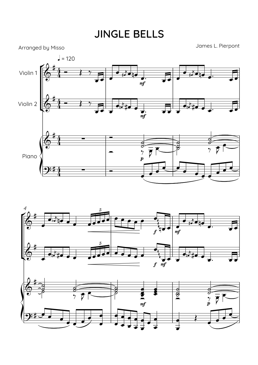 Jingle Bells - Violin Duet & Piano in G Major (Advanced With Chords ...
